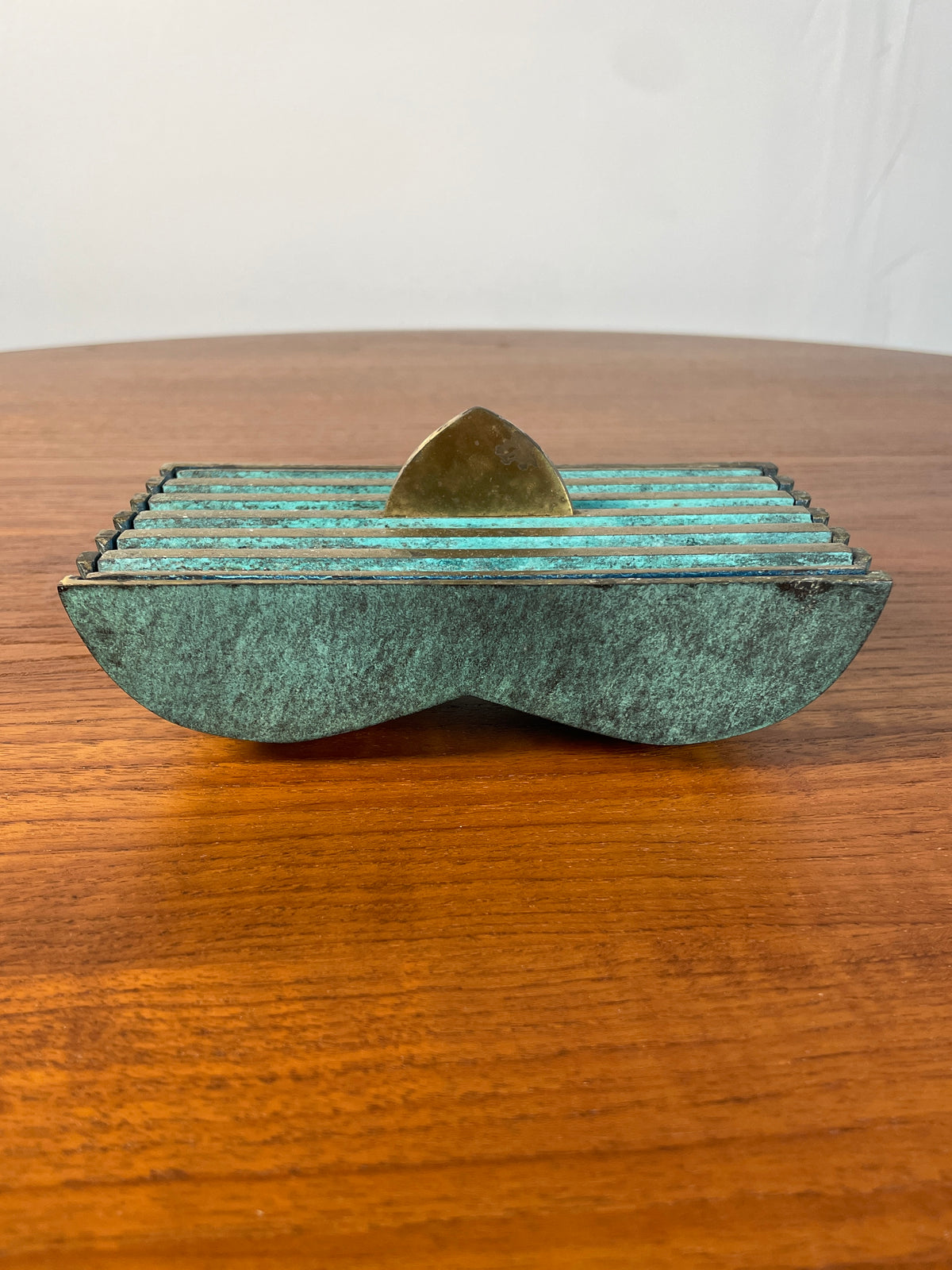 Pal-Bell cast bronze dish with lid by Maurice Ascalon with rare blue i ...
